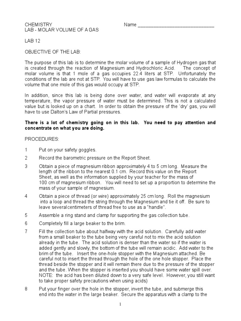 Lab 12 - Molar Volume of A Gas | PDF | Gases | Mole (Unit)