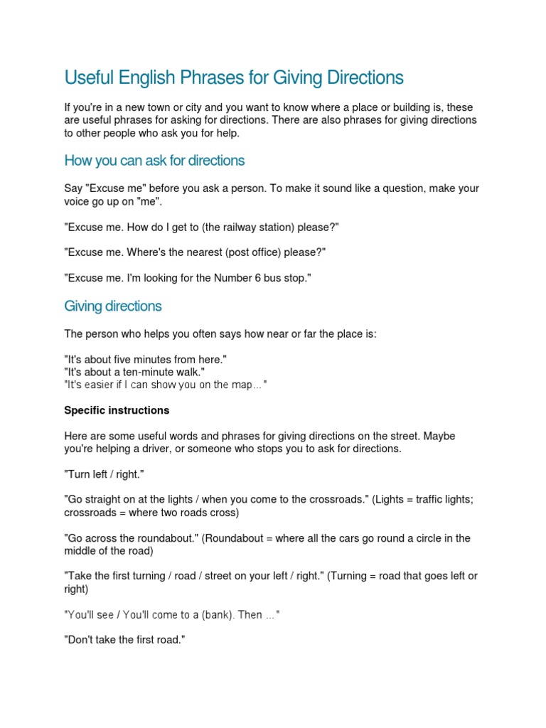 Useful English Phrases For Giving Directions | PDF | Traffic | Land ...