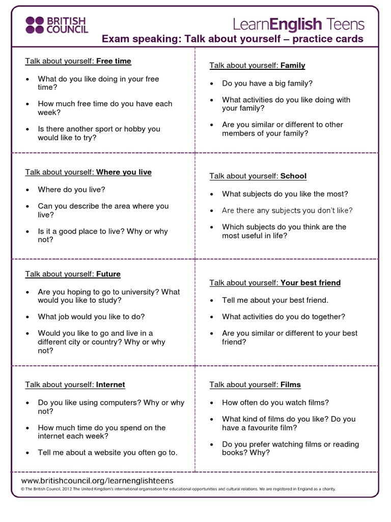Exam Speaking: Talk About Yourself Cards | PDF