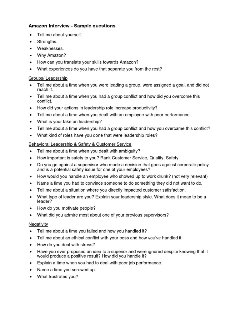 Amazon Interview - Sample Questions | Download Free PDF | Lean ...