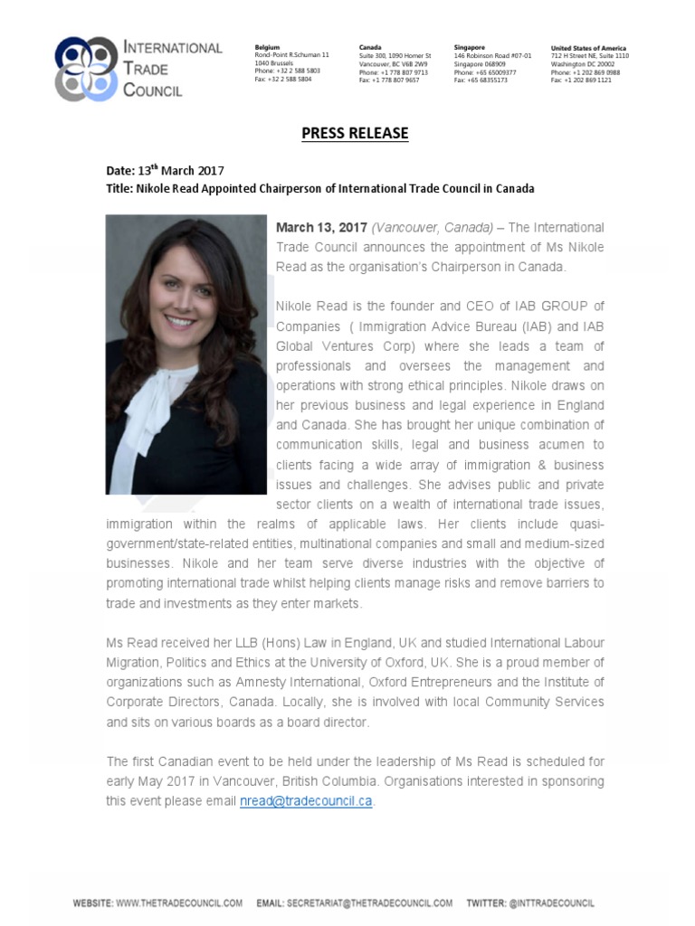 Nikole Read Appointed Chairperson of International Trade Council in ...