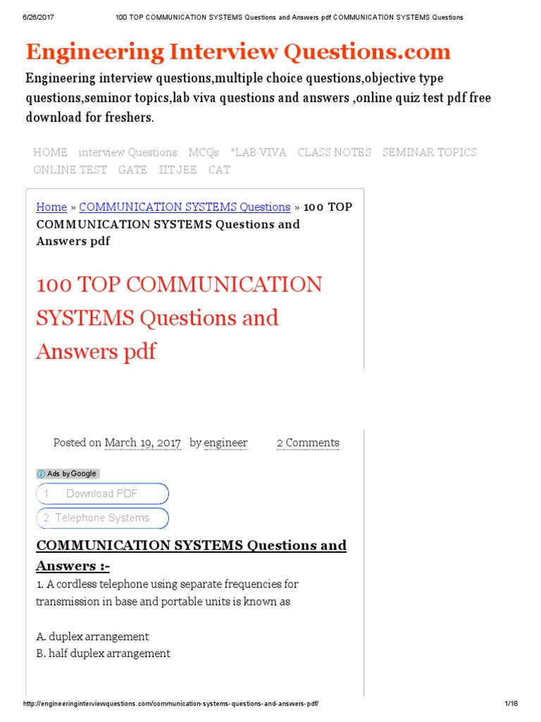100 Top Communication Systems Questions and Answers PDF Communication ...