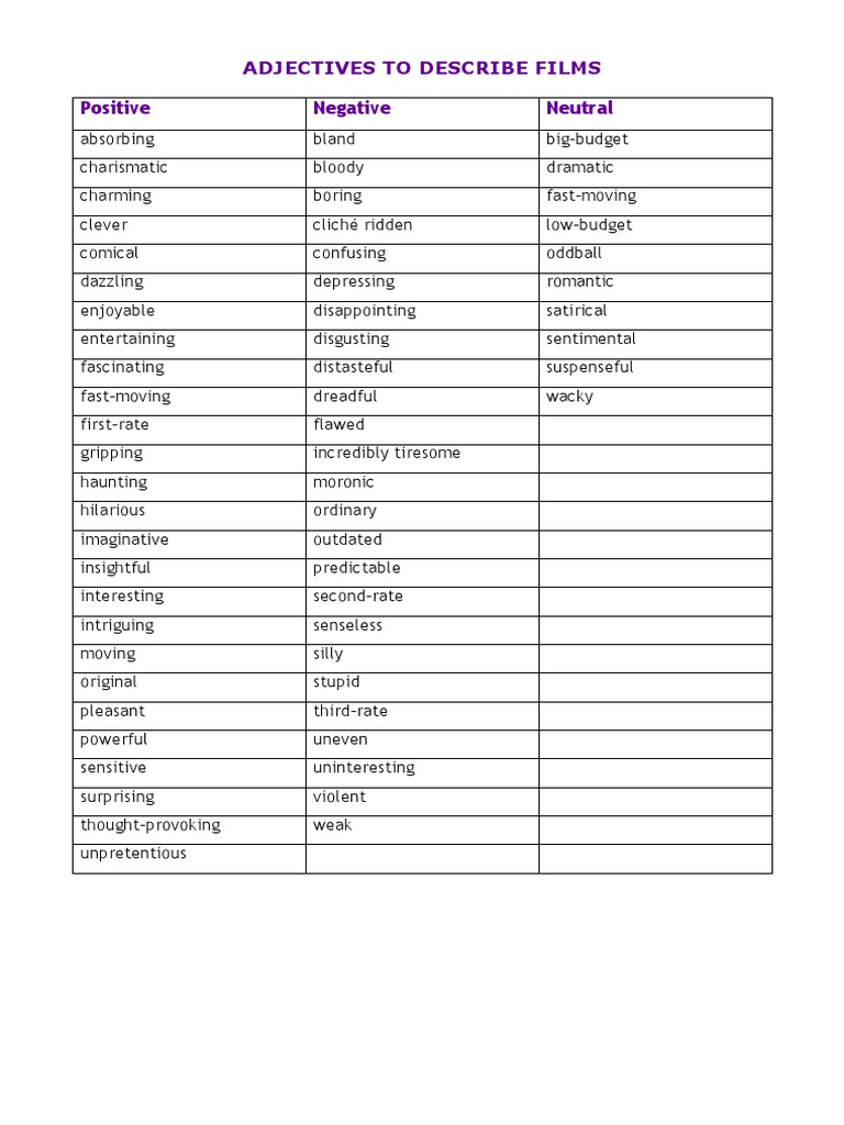 Adjectives for Describing Films | PDF | General Fiction