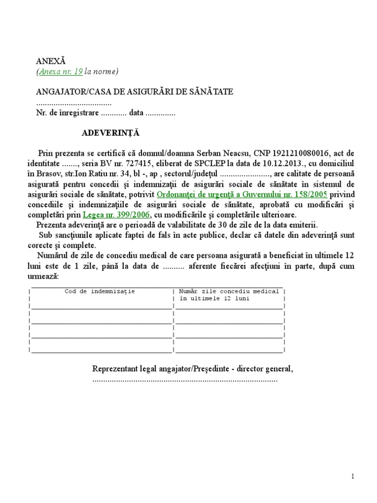 Anexa 19 - Adeverinta Cu Numarul de Zile de Concediu Medical Pentru Salariat