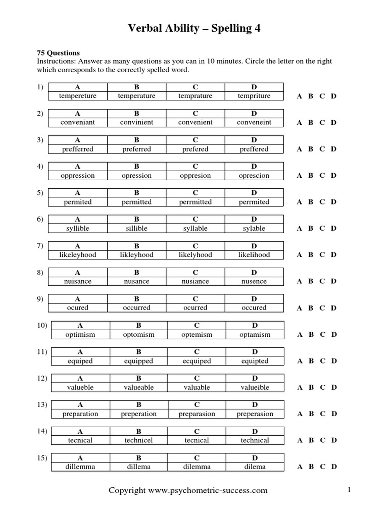 Psychometric Success Verbal Ability Spelling Practice Test 4 | PDF ...