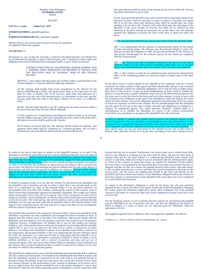 Quiroga v. Parsons, 38 Phil. 501 (1918) | PDF | Law Of Agency | Prices