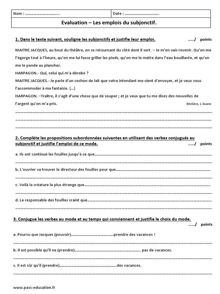 Emplois Du Subjonctif 4ème Evaluation Avec Le Corrigé | PDF | Syntaxe | Grammaire