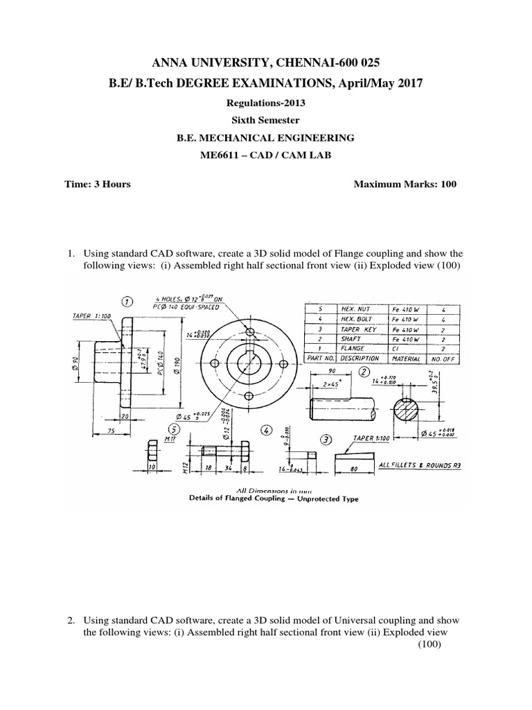 B.E/B.Tech Degree Examinations: Sixth Semester Mechanical Engineering Lab Exam Focusing on CAD ...