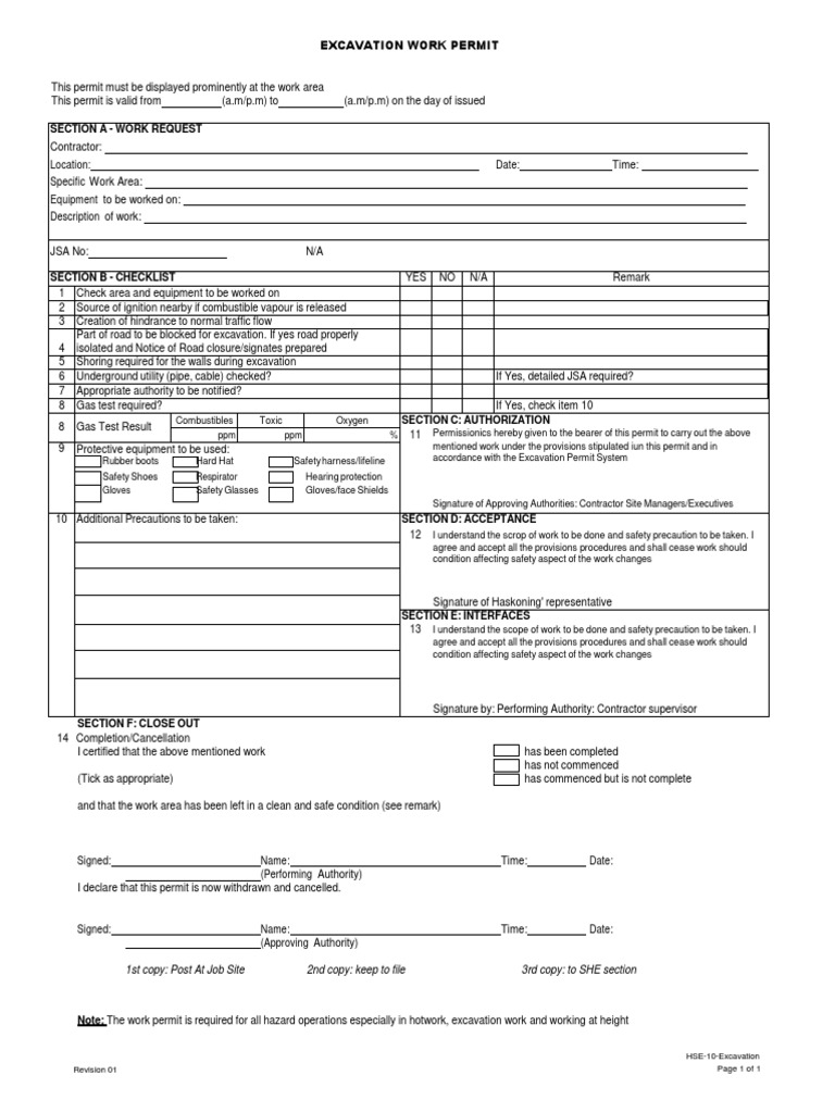 HSE 10 Excavation Permit | Safety | Nature