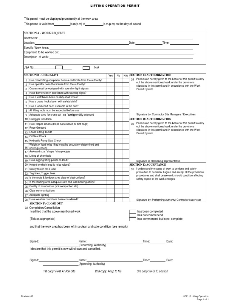 HSE 13 Lifting Operation Permit | PDF | Crane (Machine) | Business