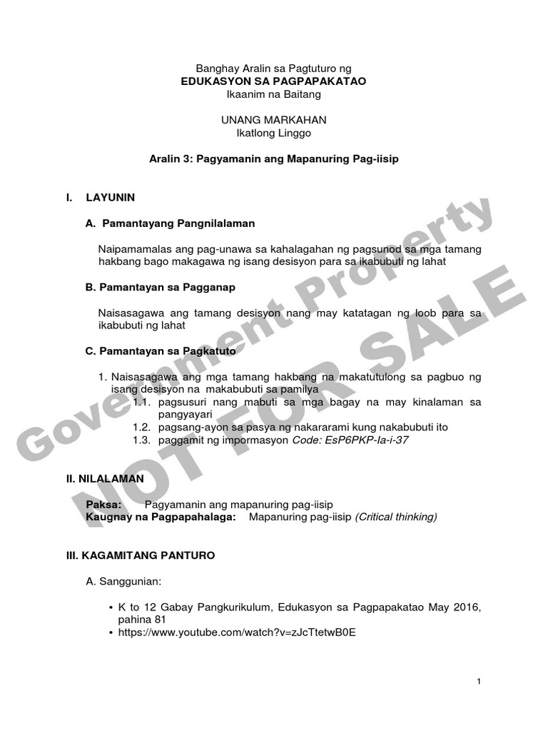 DLP Aralin 3, 1st Qtr. EsP 6 (Final) PDF | PDF