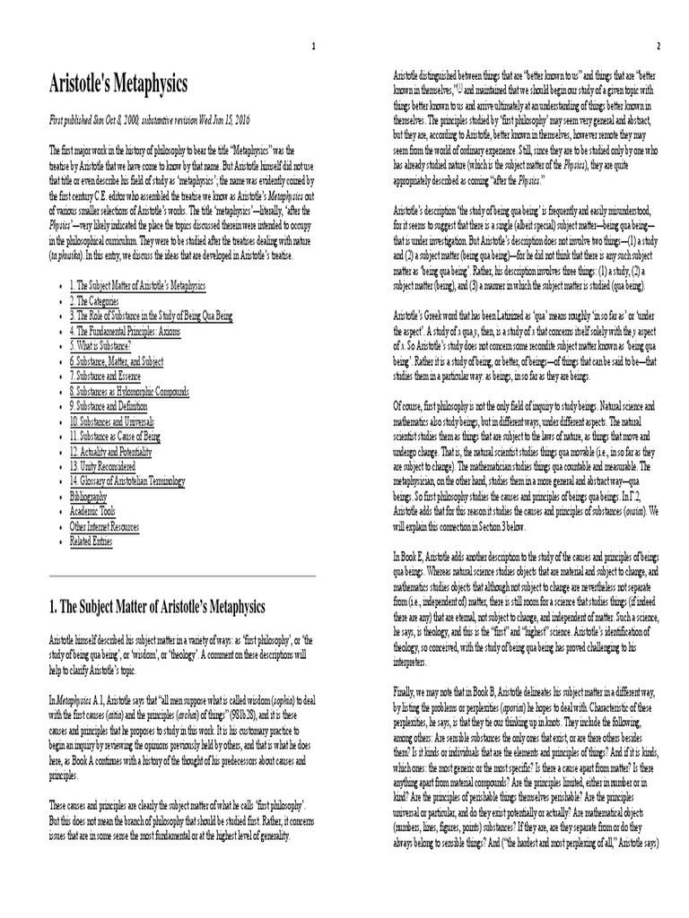 Aristotle's Metaphysics Overview | PDF | Substance Theory | Matter
