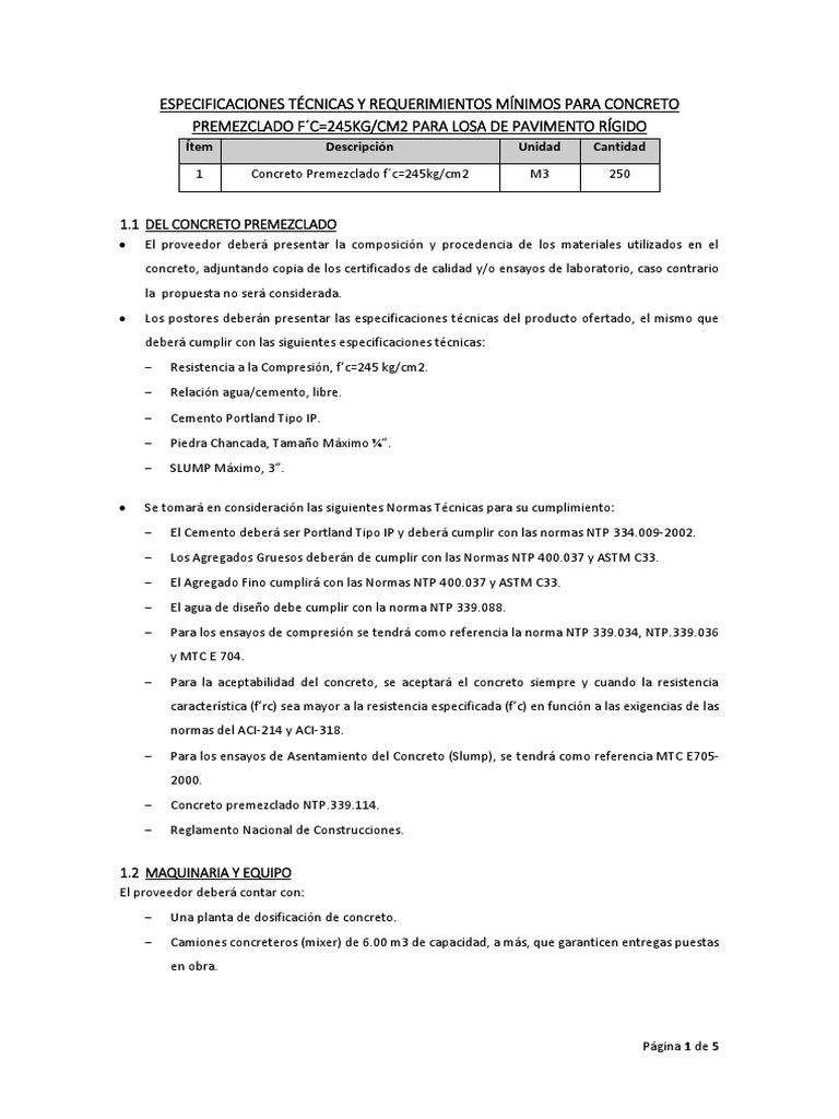 Modelo TDR Diseño de Mezcla Fc245 | PDF | Hormigón | Cemento