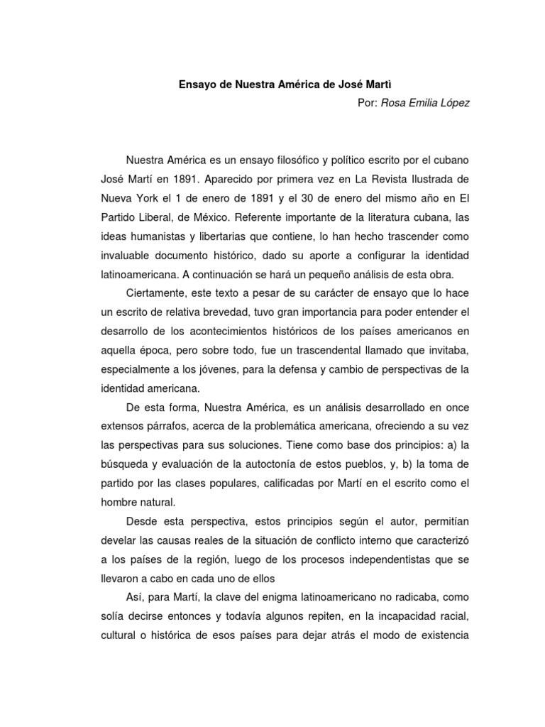 Ensayo de Nuestra América de José Martì | Ensayos | Américas