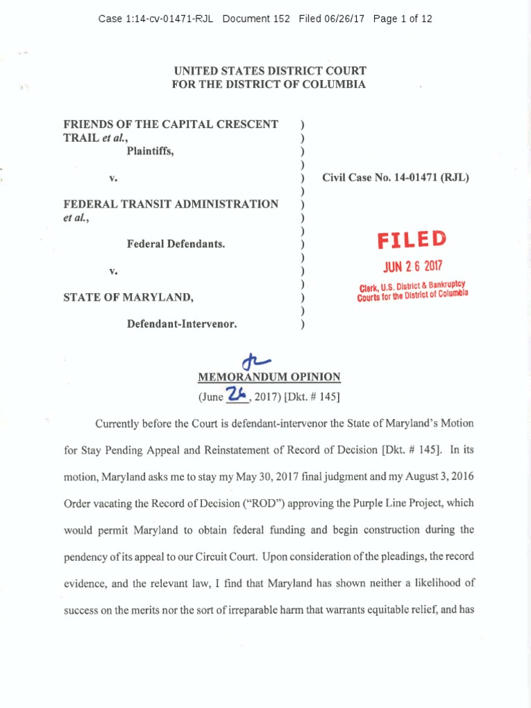 Purple Line Lawsuit - District Court Stay Request Denial | PDF