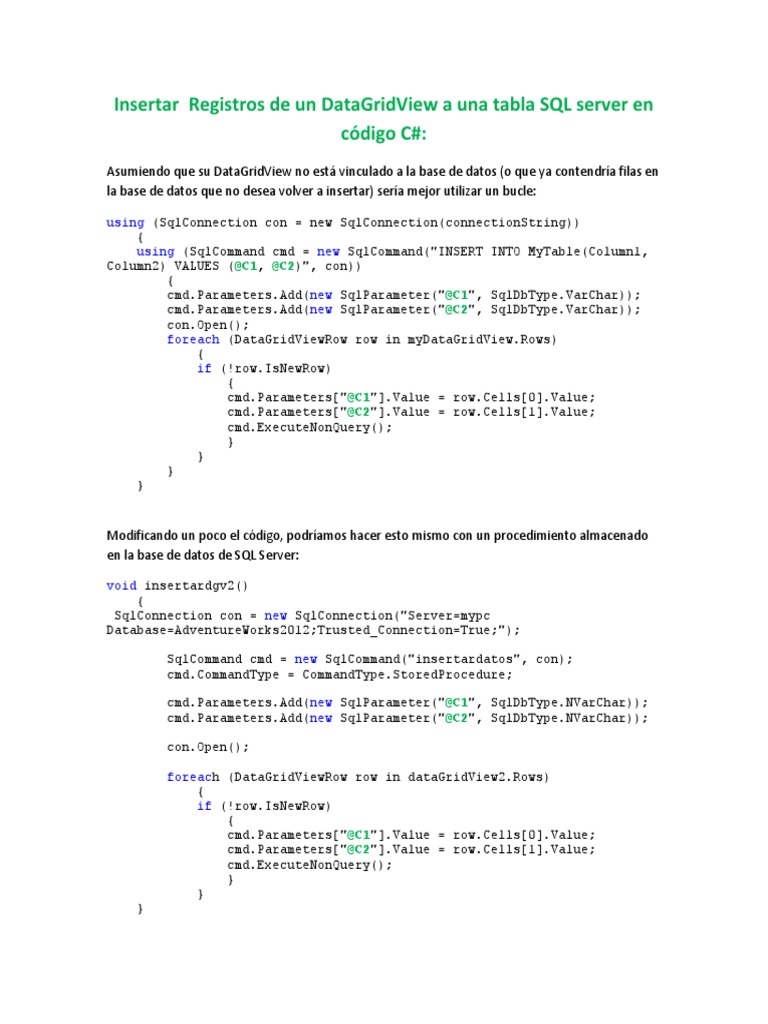 Insertar Registros de Un DataGridView A Una Tabla SQL Server C# | PDF Insertar Registros de Un DataGridView A Una Tabla SQL Server C# | PDF