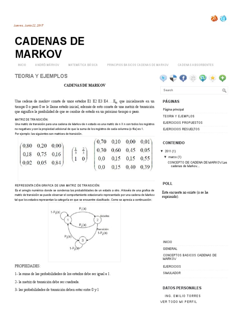 Teoria y Ejemplos _ Cadenas de Markov | Cadena Markov | Matriz ...