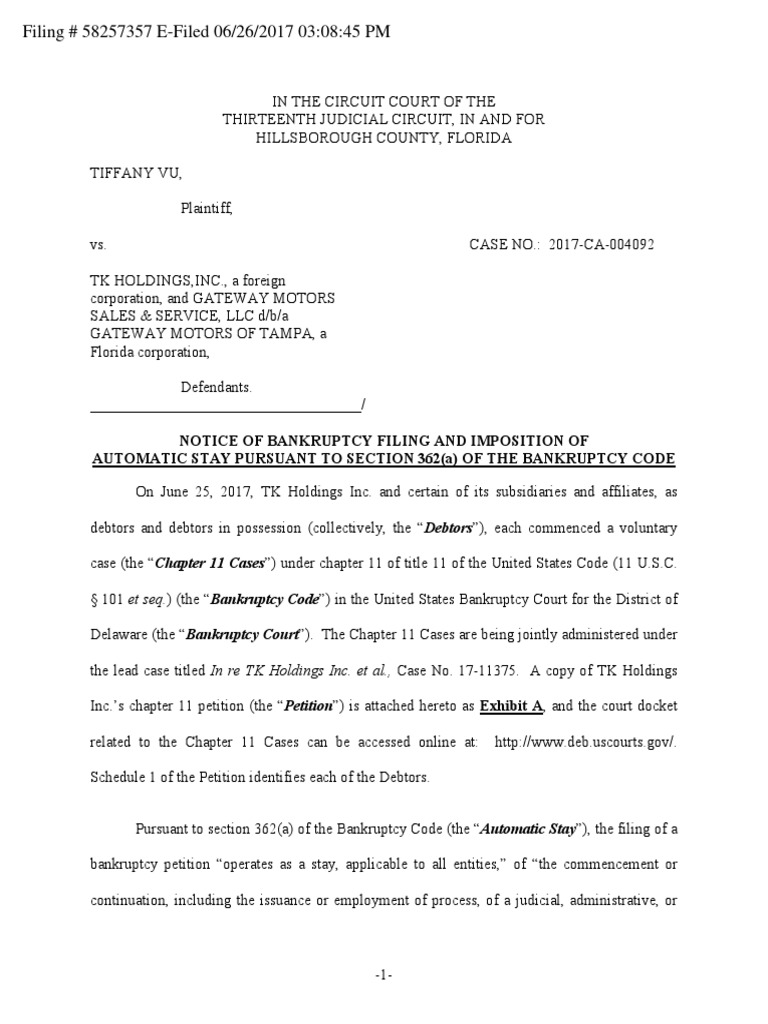 Notice of Bankruptcy Filing for TK Holdings | PDF | Bankruptcy In The ...