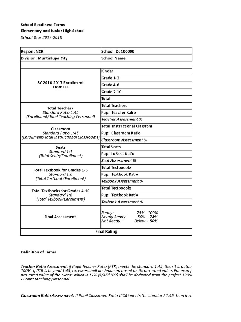 2.b Sample School Readiness Form CNHS | Textbook | Ratio