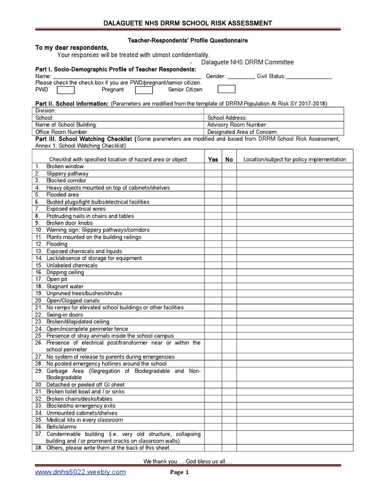 For Teachers Dalaguete Nhs DRRM School Risk Assessment | PDF | Nature