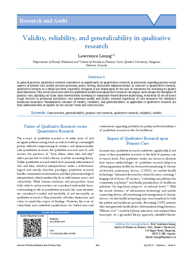 Validity, Reliability, and Generalizability in Qualitative | PDF | Qualitative Research ...