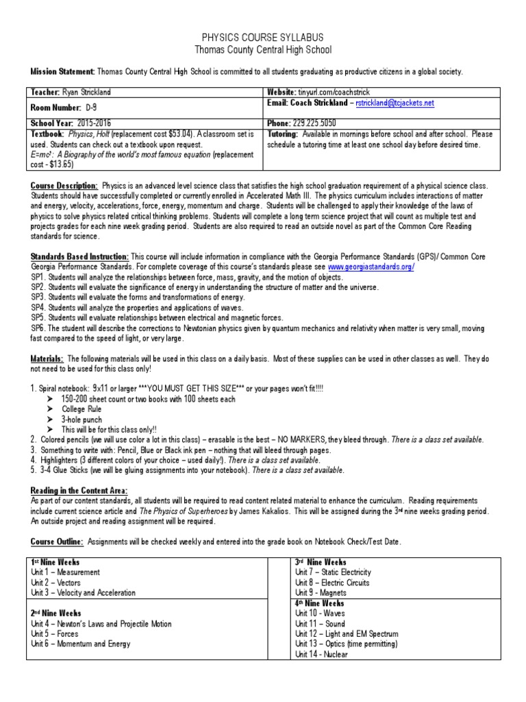Physics Course Syllabus | PDF | Force | Science Education
