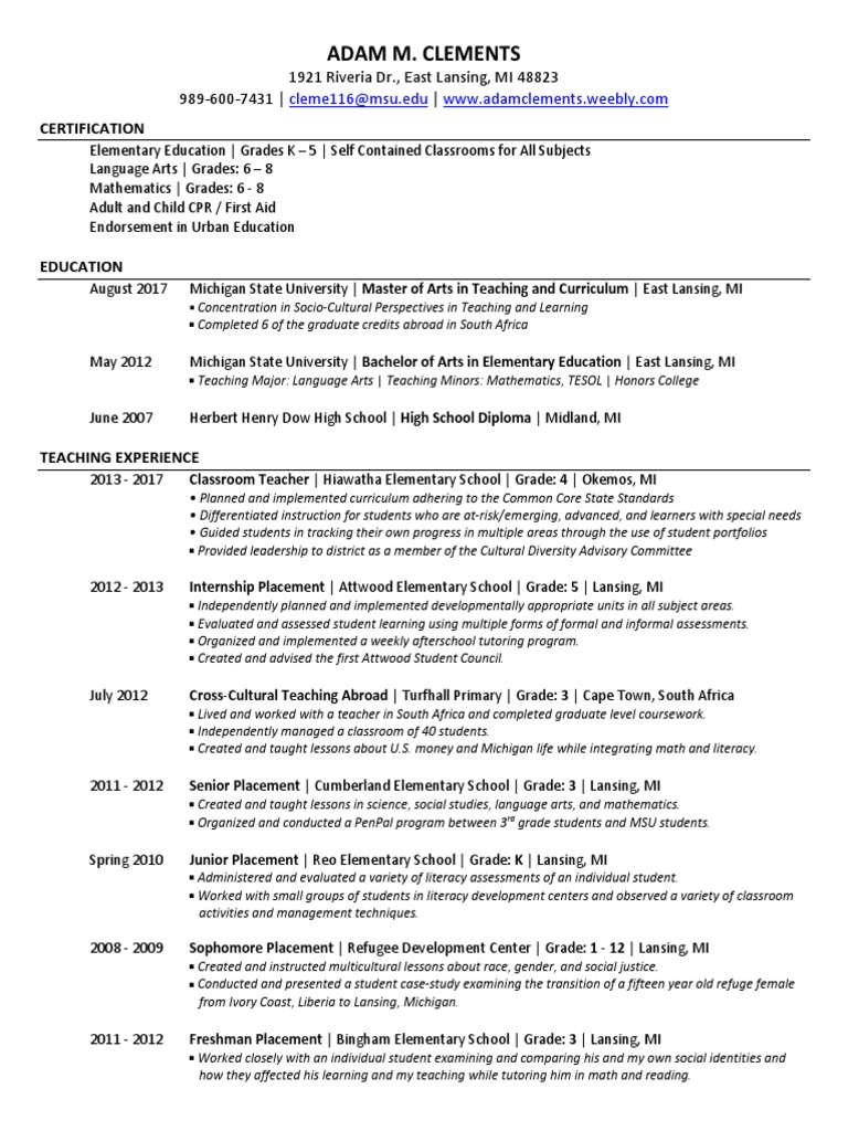 Adam Clements: K-8 Educator Resume | PDF | Michigan State University ...
