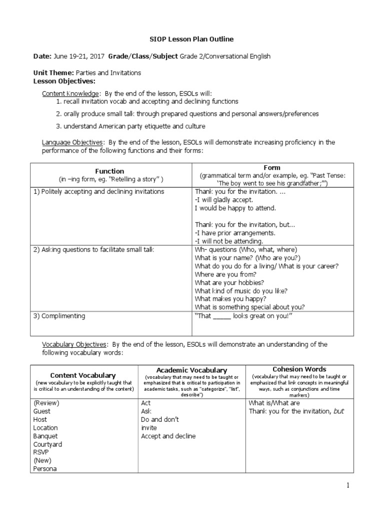 Lesson Plan Outline 2 | Download Free PDF | English As A Second Or ...