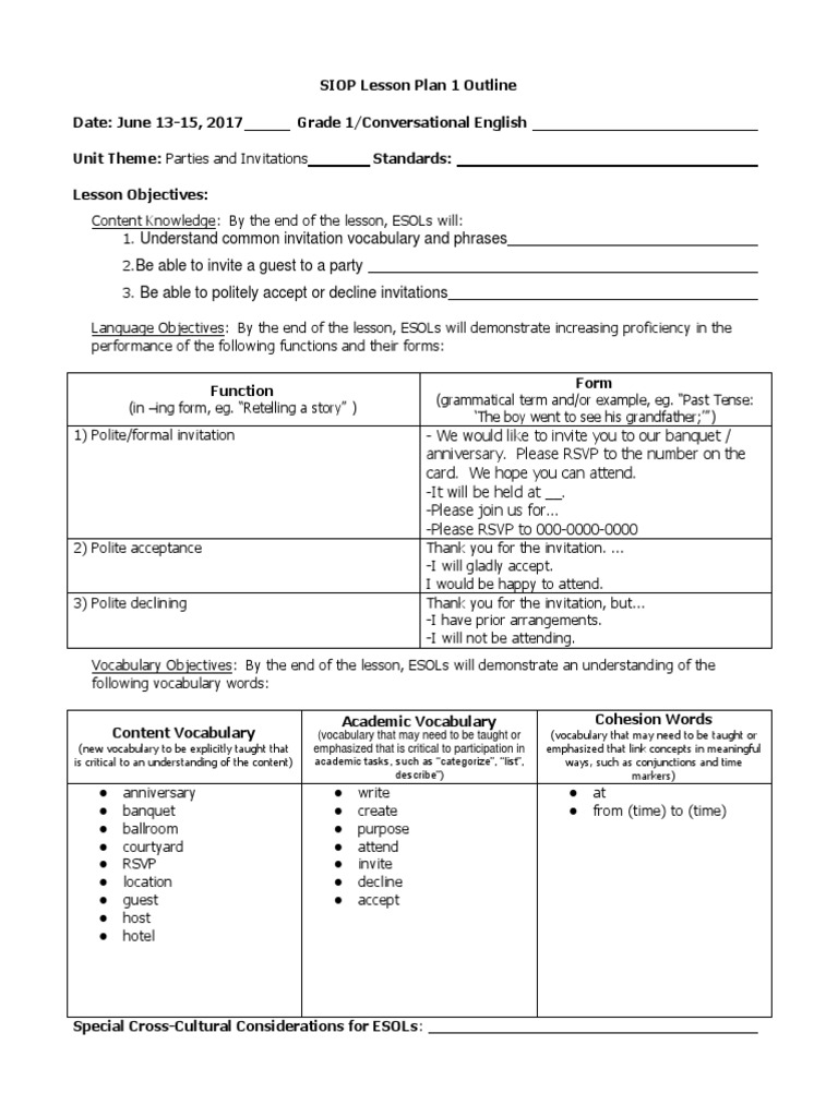 Sioplessonplanoutlinelesson 1 Grade 1 | PDF | Vocabulary | Understanding