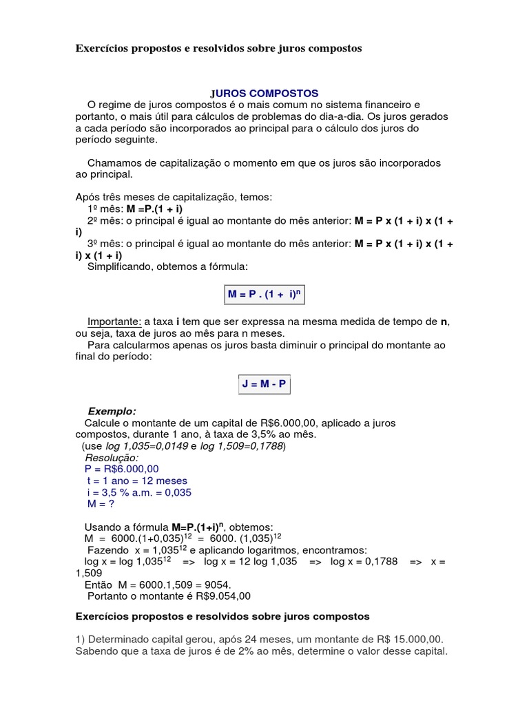 Exercícios Propostos e Resolvidos Sobre Juros Compostos | PDF | Juros | Dinheiro