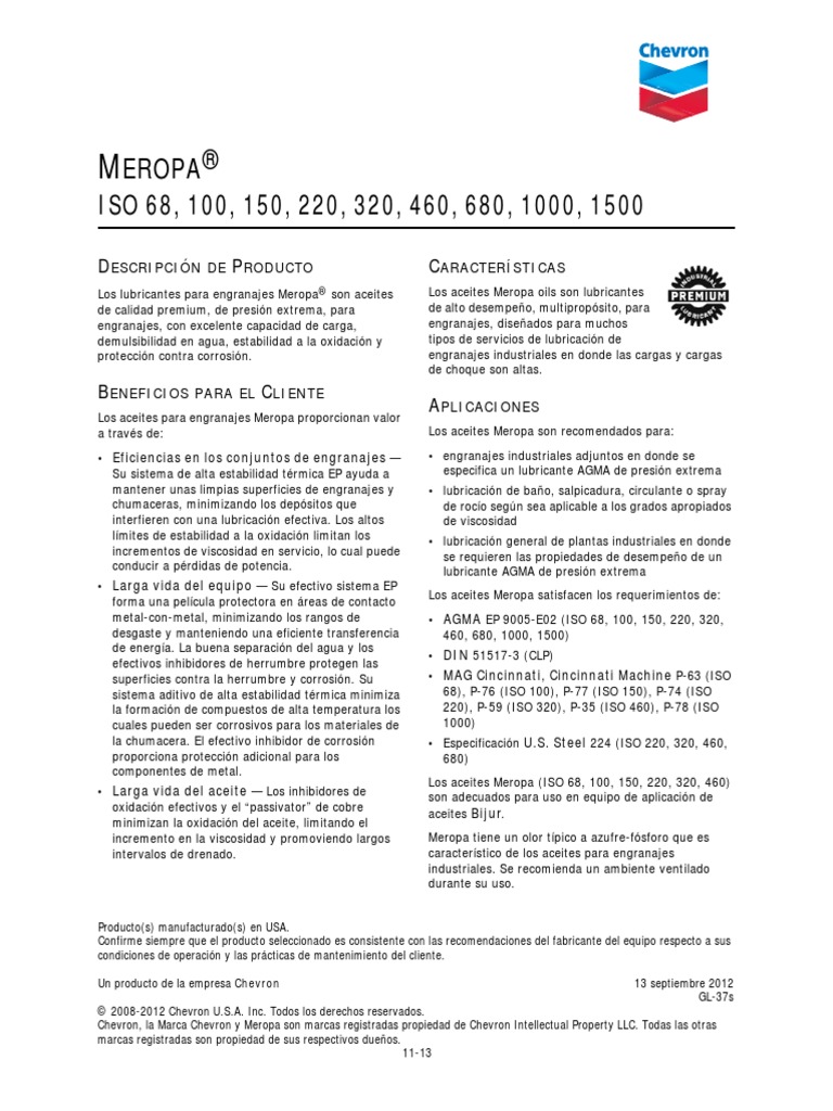 ACEITE MEROPA 220 P-05-0043.pdf | Engranaje | Lubricante