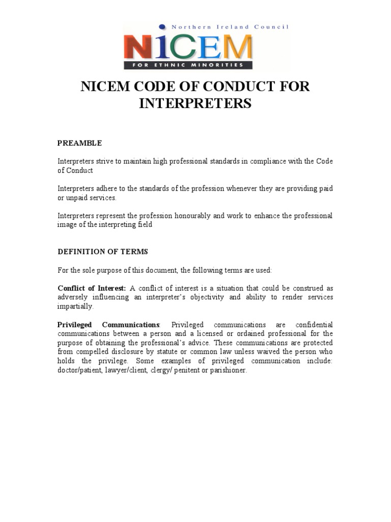 Nicem Code of Conduct For Interpreters | PDF | Confidentiality | Language Interpretation
