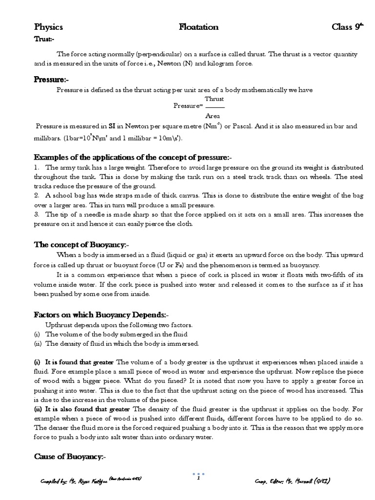 9th Physics Floatation | PDF | Buoyancy | Pressure