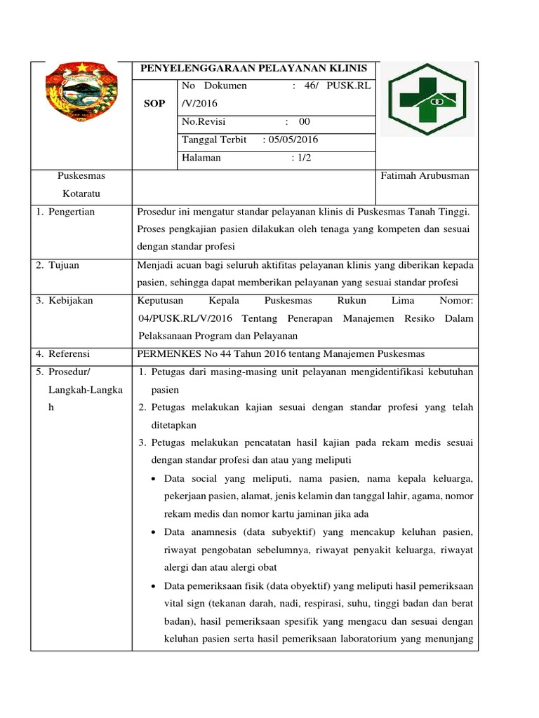 SOP Pelayanan Klinis Puskesmas | PDF