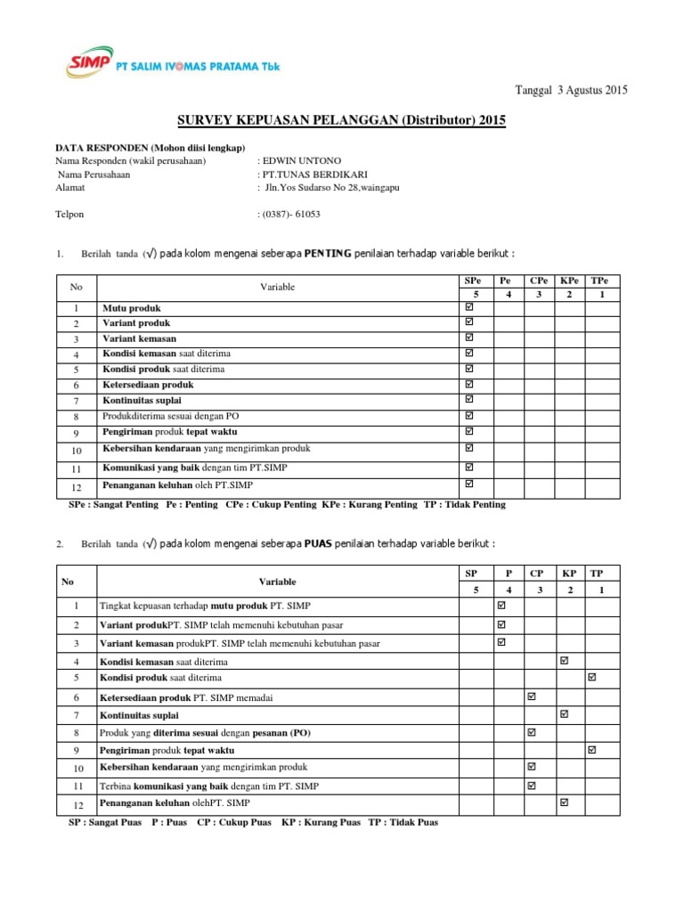 Survey Kepuasan Pelanggan (Distributor) 2015 | PDF