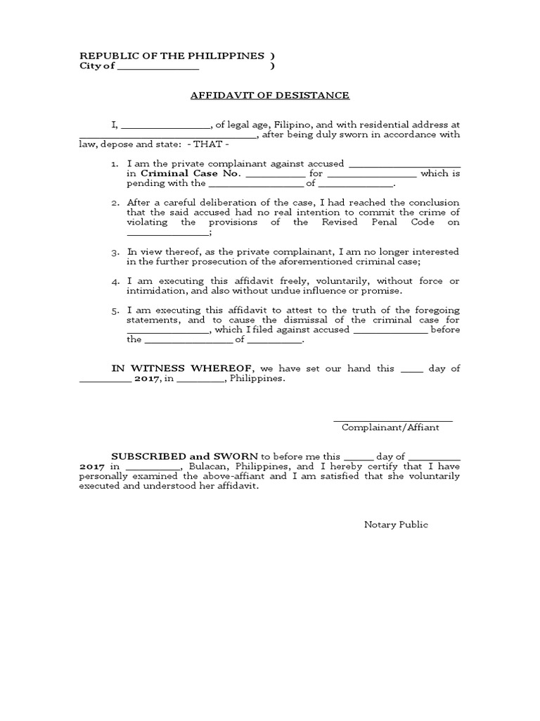 Affidavit of Desistance Template | PDF