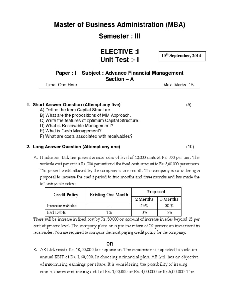 Master of Business Administration (MBA) Semester: III Elective:I Unit ...