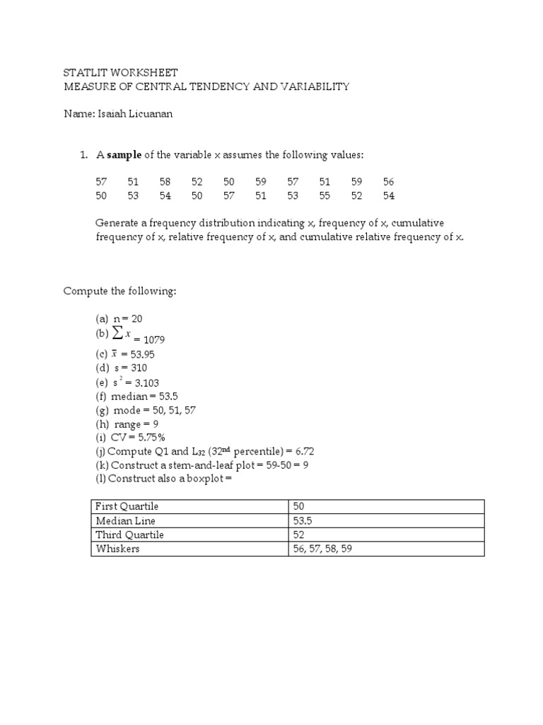 STATLIT WORKSHEET Measure of Central Tendency and Variability | PDF | Statistical Theory ...