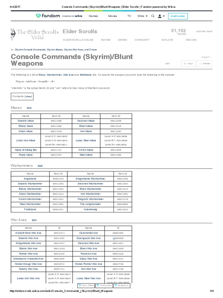 Console Commands (Skyrim)_Blunt Weapons _ Elder Scrolls _ Fandom ...