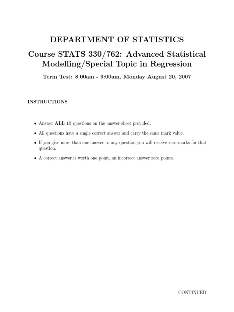 Department of Statistics Course STATS 330/762: Advanced Statistical ...