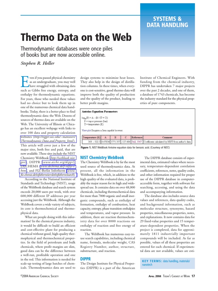 Thermo Data On The Web: Thermodynamic Databases Were Once Piles of Books But Are Now Accessible ...