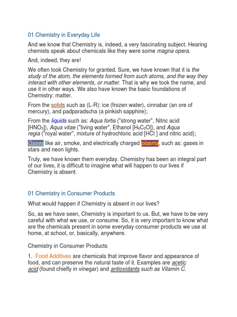 01 Chemistry in Everyday Life | PDF | Perfume | Hydrochloric Acid