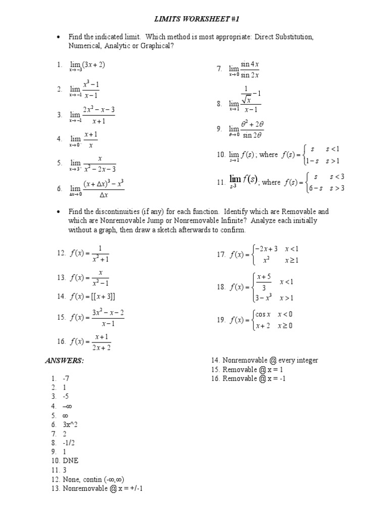 Limits And Continuity Worksheet Pdf Physics And Mathematics Mathematics
