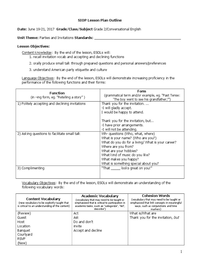 Lesson Plan Outline 2 Grade 2 | PDF | English As A Second Or Foreign ...
