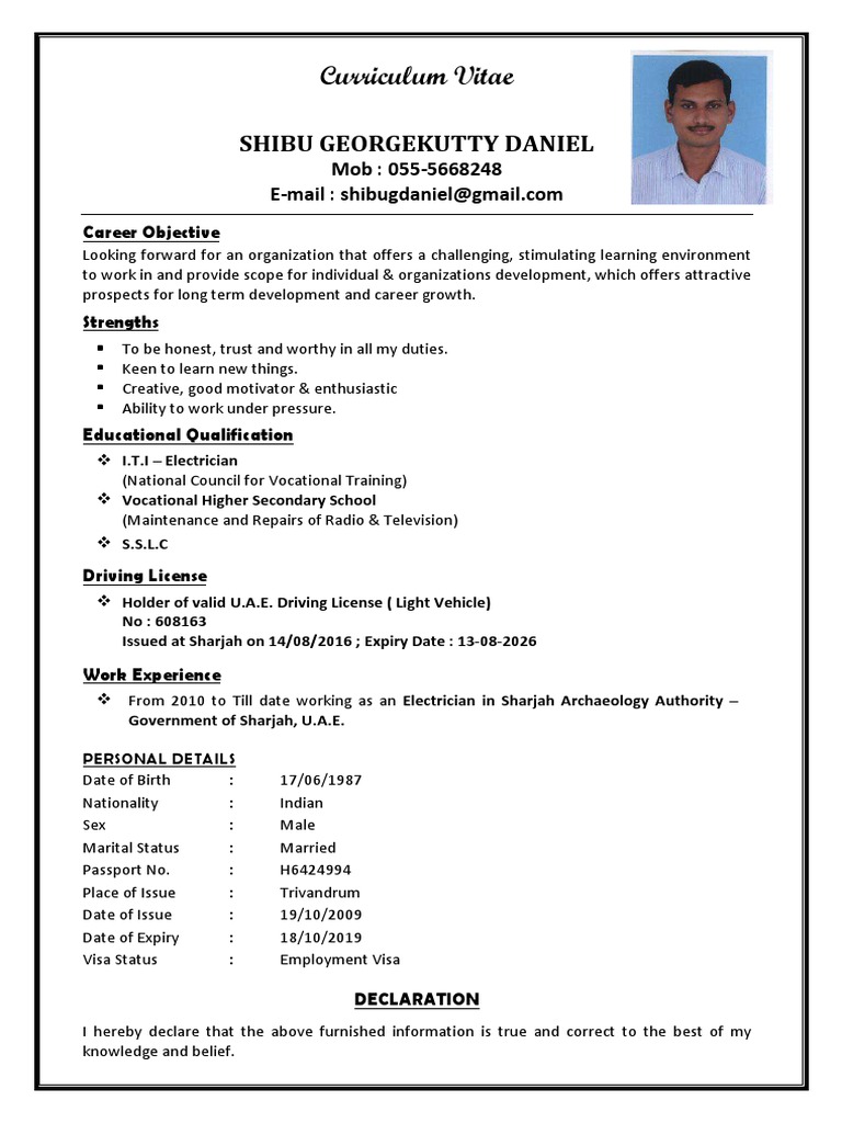 Electrician CV of Shibu Georgekutty Daniel | PDF | Career & Growth ...