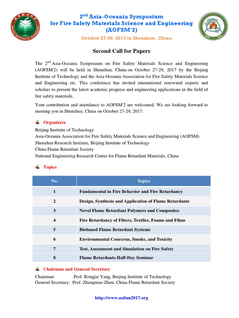 2 Asia-Oceania Symposium For Fire Safety Materials Science and ...
