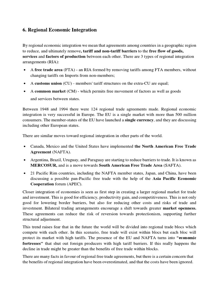 Regional Economic Integration | PDF | Regional Integration | Free Trade
