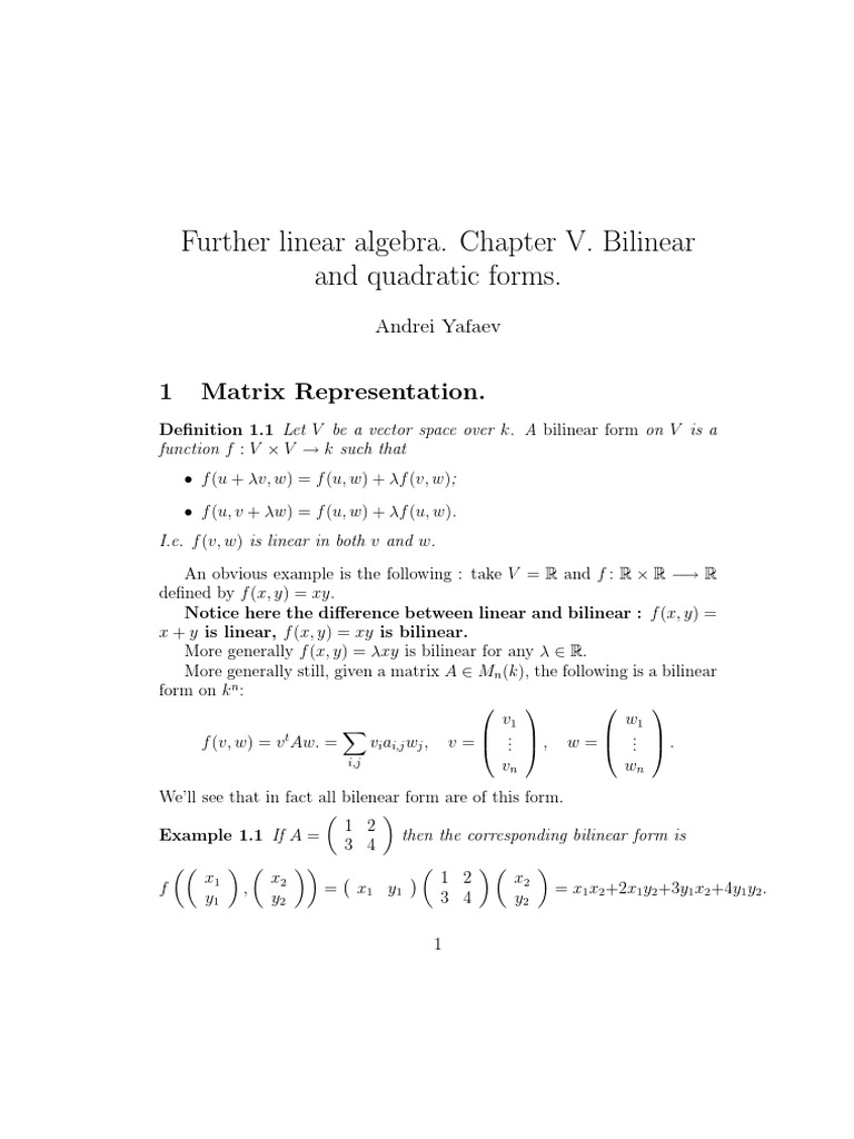Further Linear Algebra. Chapter V. Bilinear and Quadratic Forms | PDF ...