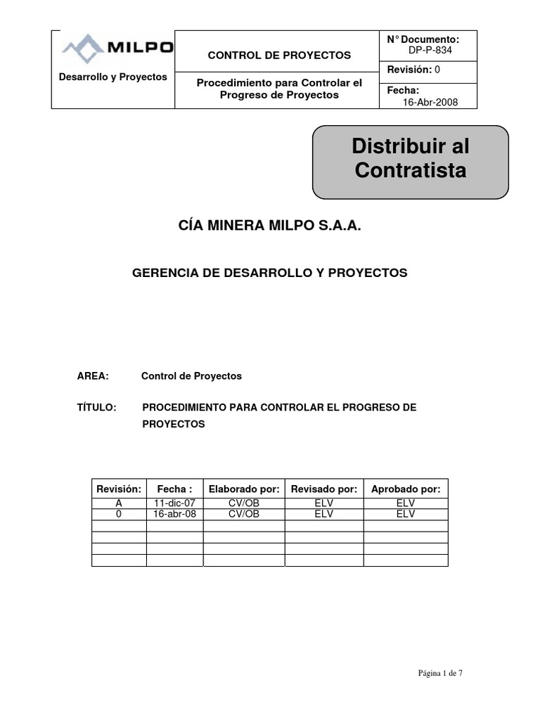 DP-P-834 Control de Progreso de Proyectos Rev 0 | PDF | Producción y fabricación | Industrias