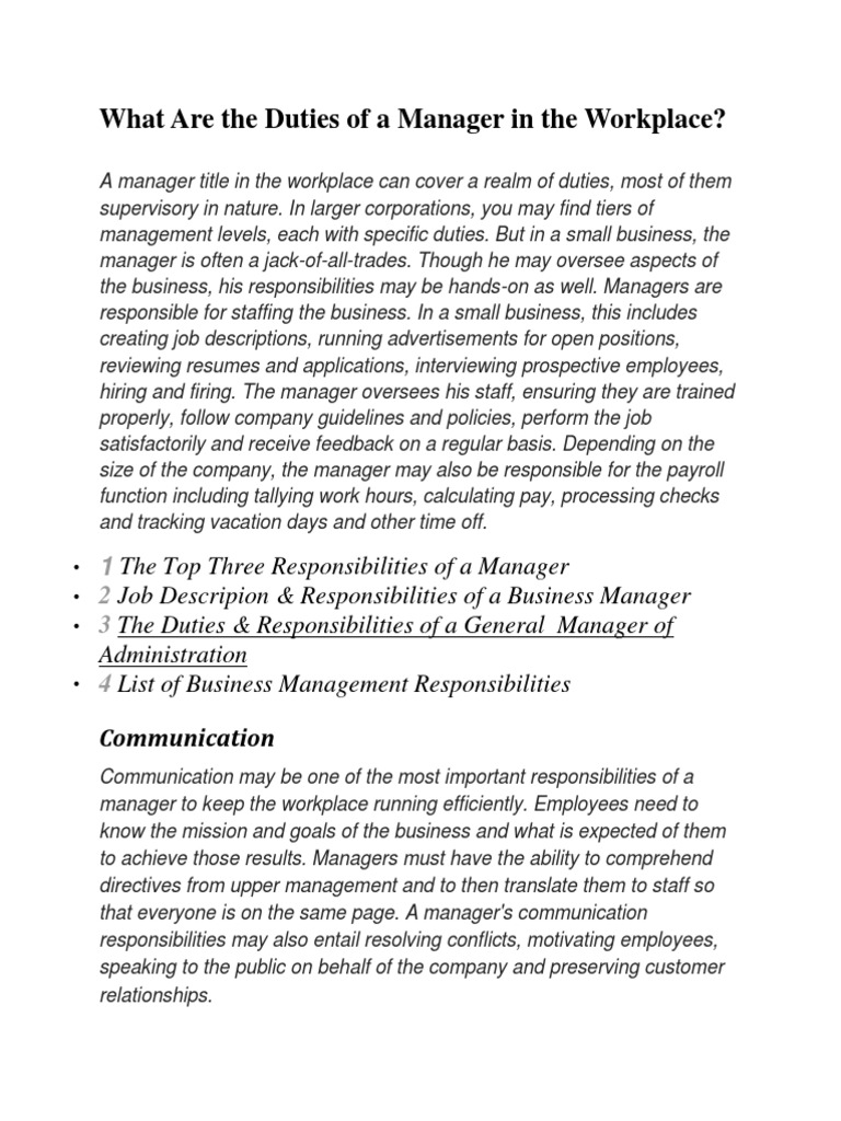 What Are The Duties of A Manager in The Workplace?: Communication | PDF ...